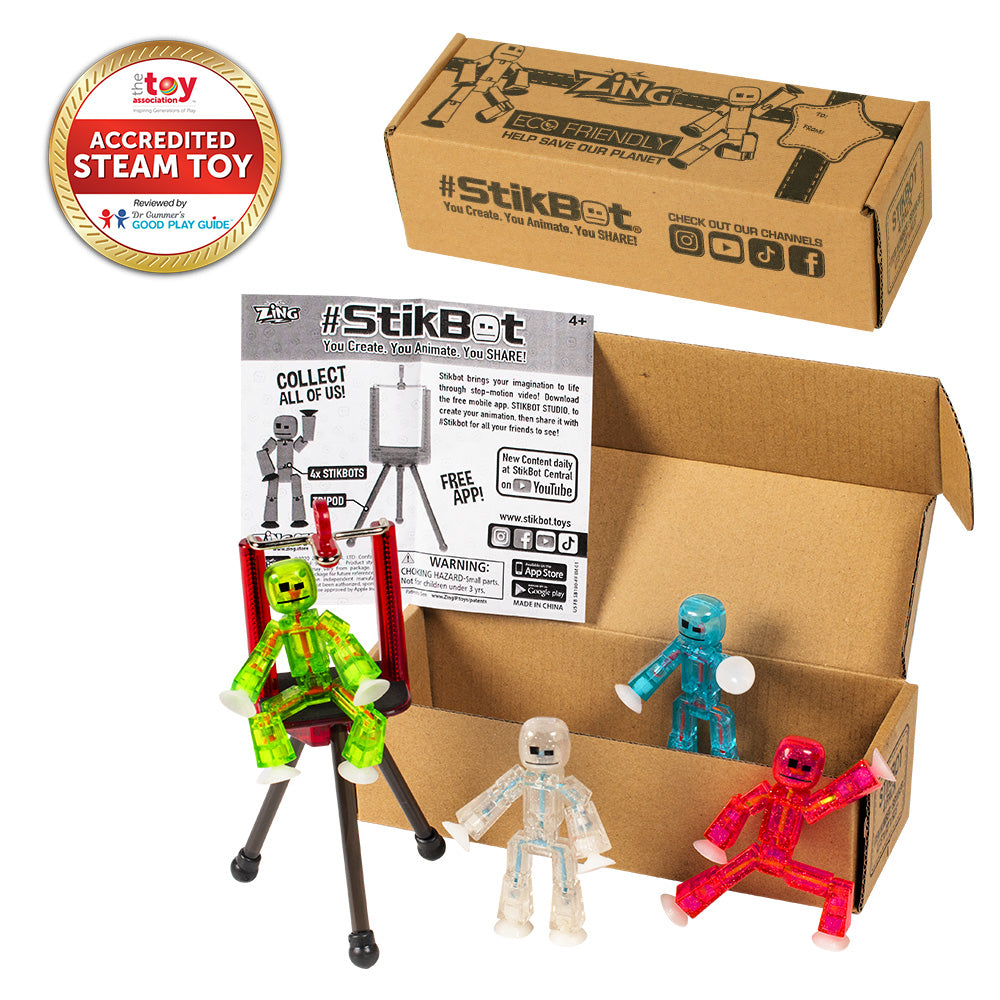 StikBot 4 Clear Pack + Tripod | Stop Motion Starter Kit